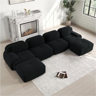 Generic Modulares Schlafsofa mit Ottomane, 3-Sitzer, modulares Cord-Sofa, ohne Montage, for Wohnzimmer, rahmenloses Sofa, mit gebogenen Armlehnen(Nero,4S+2)