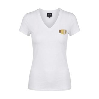 A|X Armani Exchange Femme, Tops, Blanc, Taille: 40 FR T-shirt imprim&eacute; en coton &agrave; col en V et manches courtes
