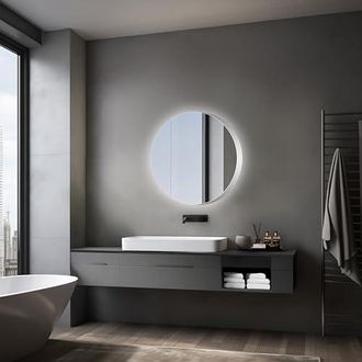 Talos Spiegelschrank mit austauschbarer Beleuchtung Silver Picasso Style Ø80 cm - Spiegelschrank Bad mit 2 Ablageflächen - Aluminium - Rückwand verspiegelt