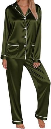 Generic Pyjama de Noël assorti à manches longues en satin de soie - Coupe ample et confortable - Chemise boutonnée et pantalon de pyjama, vert militaire, XL