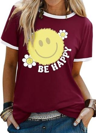 Dresswel T-shirt pour femme avec imprim&eacute; sourire - T-shirt &agrave; manches courtes et col rond - Hauts d&eacute;t&eacute; - Tee-shirts - Blouse, XXL