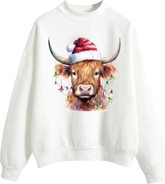 Generic Sweat-shirt &agrave; manches longues et col rond imprim&eacute; vache de No&euml;l pour femme, blanc, XXL
