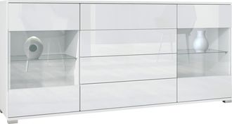 Vladon Sideboard Bari V2, Kommode mit 2 gro&szlig;en T&uuml;ren und 4 Schubladen, Wei&szlig; matt/Wei&szlig; Hochglanz (166,5 x 75,5 x 35)