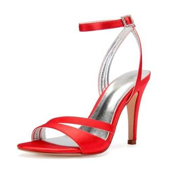 Generic Escarpins Femme Sandales Talon Heels Satin Chaussures De Mariage Mariée Sexy Open Toe High Sandales 10.5CM,Rouge,42 EU