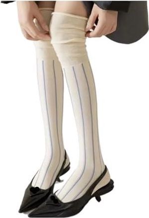 Generico Chaussettes sup&eacute;rieures &agrave; rayures verticales, chaussettes de printemps l&eacute;g&egrave;res pour femmes, blanc, Taille Unique