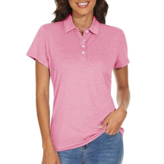 KEFITEVD Funktionsshirt Damen Kurzarm Atmungsaktiv mit Knopfleiste Sommer Leicht Poloshirt Stretch Sport Oberteil Meliert Rosa 2XL