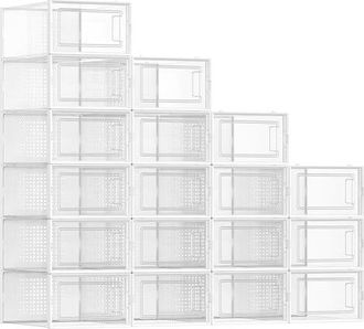 Songmics Schuhboxen, 18er Set, Schuh-Organizer aus Kunststoff, faltbar und stapelbar, f&uuml;r Schuhe bis Gr&ouml;&szlig;e 44, transparent-wei&szlig; LSP18SWT