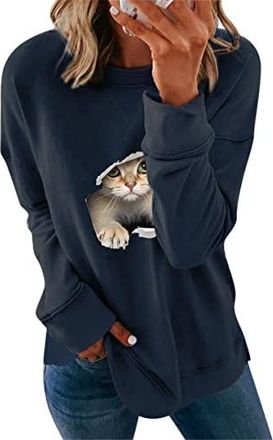 ORANDESIGNE Sweatshirt Chat Femme Automne Col Rond Sweater Patchwork Shirt T-Shirt &agrave; Manches Longues Chic Pull D&eacute;contract&eacute; Oversize Sweat Sportswear Tunique Haut 