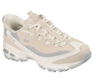 Skechers Damen DLites Smooth Nostalgia Sneaker, Natural Leather/Duraleather/Grey Mesh/Trim, 39.5 EU