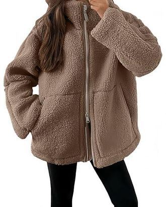 Ocean Plus Manteau à manches longues en peau dagneau épaisse et unie pour femme - Avec col haut - Veste dhiver zippée, Couleur chameau, L