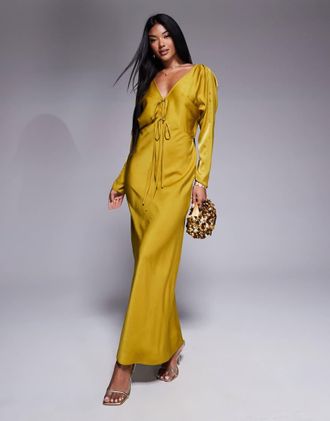 Asos Midikleid in Ocker mit gebundener Vorderseite und Fledermaus&auml;rmeln-Gr&uuml;n
