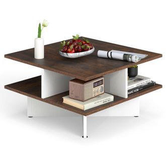 Costway Costway - Table Basse Carr&eacute;e &agrave; 2 Niveaux de 60 cm avec 4 Compartiments de Rangement, Style Moderne avec Base en Croix, Marron Rustique et Blanc