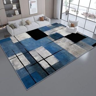 Generic Tapis de lenfant Abstrait &Agrave; Carreaux &Agrave; Rayures Tapis rectangulaire, 140 x 200 cm Moquette de Chambre &agrave; Poils Ras, Bleu &Eacute;cologique Paillasson Int&eacute;rieur