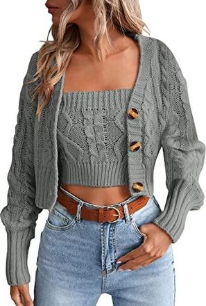 Generic Bol&eacute;ro court, cardigan en tricot torsad&eacute; pour femme, cardigan tendance boutonn&eacute; et haut tube, cardigan classique &agrave; manches longues, v&ecirc;tements dext&eacute;rie