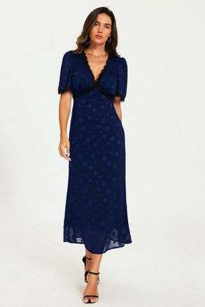 FS Collection Abendkleid Damen Midikleid Abendkleid mit Polka-Dot-Jacquard und Spitze (S,M,L und XL) Polka-Dot-Jacquard, Spitzenbesatz, Empire-Taille, Puff&auml;rmel