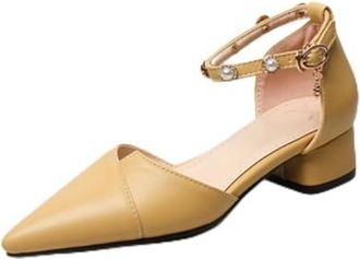 Generic Femmes Pointu - Bout Mariage Appartements Cheville - Sangle Bas Bloc Talons Mariée Soirée Habillée Chaussures,Jaune,34 EU