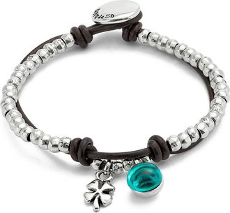 Uno De 50 | Kugelarmband | mit Leder und grünem Muranoglas | versilbert mit Sterlingsilber | handgefertigter Schmuck | Hergestellt in Spanien, Mediano, Muranogl