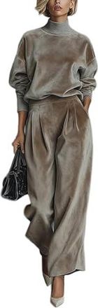 Generic Ensemble de 2 pi&egrave;ces en velours pour femme - Col roul&eacute; - Style d&eacute;contract&eacute; - Couleur unie - Pantalon large - Ensemble de deux pi&egrave;ces en velours - Pour