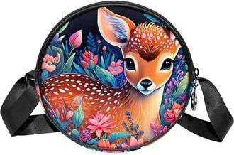 Generic Sac &agrave; bandouli&egrave;re rond pour femme, petit sac &agrave; bandouli&egrave;re avec fermeture &eacute;clair, bretelles r&eacute;glables, style d&eacute;contract&eacute;, motif cerf