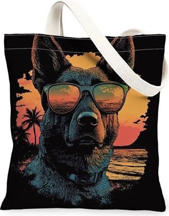 Generic Sac fourre-tout d&eacute;t&eacute; en toile motif berger allemand pour faire du shopping, 33 x 38,1 cm, chiot c&ocirc;tier cool, sac d&eacute;picerie r&eacute;utilisable, sac d&eacute;picerie