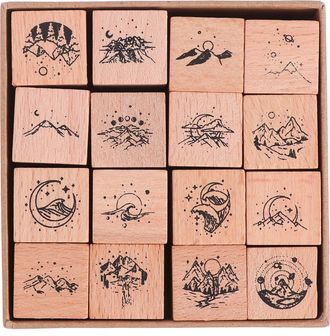 Milisten 16-teiliges Vintage-Stempel-Set aus Holz mit Mond, Stern, Berg, Fluss, dekoratives Holzstempel-Set f&uuml;r Bastelarbeiten