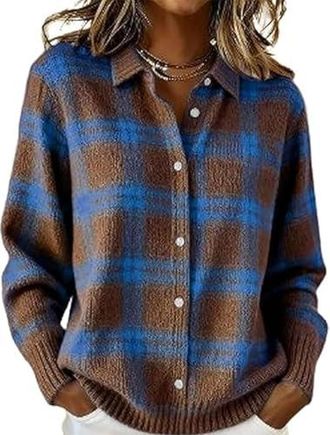 Generic Cardigan boutonn&eacute; d&eacute;contract&eacute; en coton pour femme, imprim&eacute; &agrave; carreaux, cardigan court en tricot, cardigan boutonn&eacute;, C, 5XL