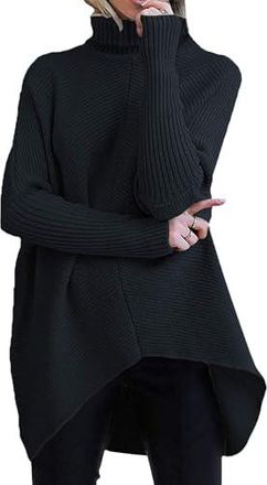 Generic Pull Ample &agrave; col roul&eacute; pour Femme, Pull Long surdimensionn&eacute; &agrave; Manches Chauve-Souris, Tunique d&eacute;contract&eacute;e en Tricot Confortable, Tenues dautomne, Noir