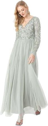 Maya Ladies Maxi Dress Women with Long Sleeves V Neckline Plunging Sequin Embellished for Wedding Guest Bridesmaid Prom Robes, Green Lily, 44 aux Femmes