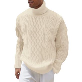 Generic Pull à col roulé en tricot torsadé uni pour homme - Pull léger à col montant - Pull dhiver fin classique et chaud, C-beige., XXL