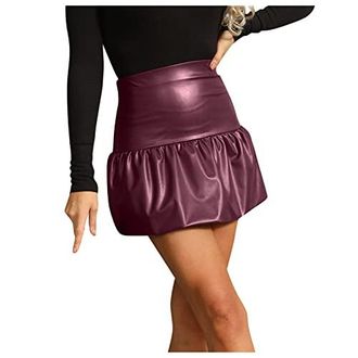 Generic Jupe bouffante en cuir synth&eacute;tique pour femme - Taille haute - Robe pleine ventre et jupe grande taille - Jupe unie sexy et &eacute;l&eacute;gante, bordeaux, XXL
