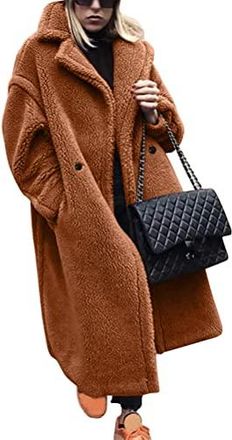 Onsoyours Manteau Femme Casual Chaud Peluche Manches Longues Veste en Peluche Parka Cardigan Long Mode Couleur Unie Bouton Outwear Epais Streetwear Automne Hive