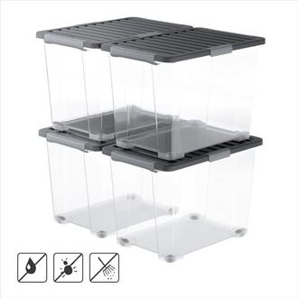 Rotho CORE Pro, Aufbewahrungsboxen 65 l, 4er Set, Dichtung im Deckel sch&uuml;tzt vor Staub & Feuchtigkeit, verschlie&szlig;bare Griffe, integrierte Rollen, lebensmitt