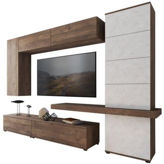 Dmora Wandregal Portula, Flexibler Wohnzimmerschrank, 2 Schubladen, 5 Ablagen, Nussbraun