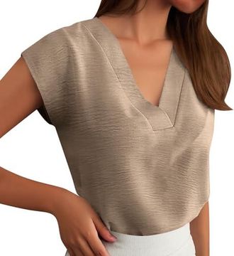 Generic Haut à manches courtes texturées pour femmes, chemises habillées et décontractées à col en V 2025, kaki, XXL