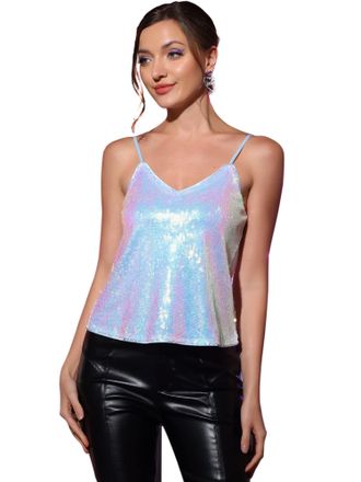Allegra K Damen Festliches Oberteil Glitzer Top Spaghetti Party Club Camisole Pailletten Shirt Holografisch M