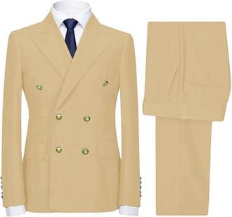 Generic Costume 2 pièces à double boutonnage pour homme - Blazer - Coupe ajustée - Pour mariage, bal de fin dannée, affaires, tenue formelle, kaki, 5XL