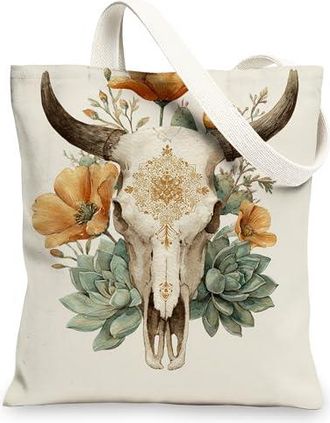 Generic Sacs fourre-tout en toile florale, motif crâne artistique et végétal, sacs de courses réutilisables, style bohème, vintage, léger, lavable, beige, 13x