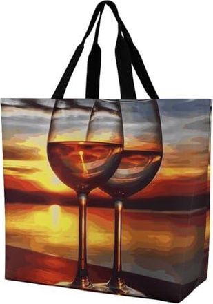 Generic Verre &Agrave; Vin Au Coucher Du Soleil Sac Fourre-Tout L&eacute;ger Tote Bag Grand Sac Fourre Tout Pour Voyage Plage Travail