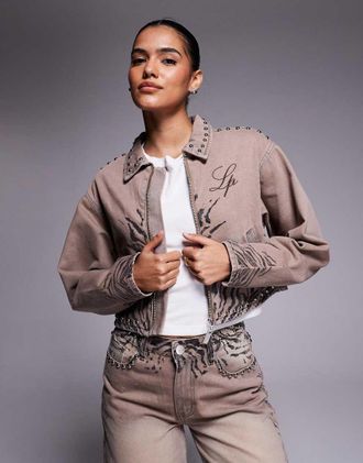 Liquor & Poker Veste en jean coupe carr&eacute;e oversize densemble &agrave; z&eacute;brures - Marron-Brown