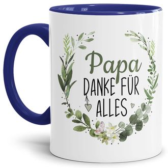 Tassendruck Tasse mit Spruch - Danke f&uuml;r deine Hilfe Papa - Geschenk f&uuml;r den besten Papa - Hochwertige Keramik, Innen & Henkel Dunkelblau, 300 ml