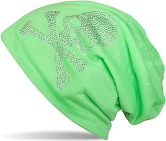 styleBREAKER Klassische Beanie M&uuml;tze mit Totenkopf Strass Applikation, Unisex 04024034, Farbe:Neongr&uuml;n, Materialart:leicht