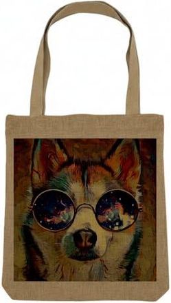 Fabulous Sac Shopping Tote Bag Aspect Lin - Husky &agrave; Lunette Multicolore Peinture Hippie Art - Sac de Courses Toile Epaisse 360g Beige Naturel Cabas Port&eacute; Epaul