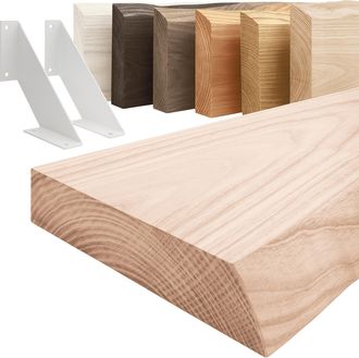 Lamofootwear Manufaktur Wandregal Holz Baumkante | Regal Farbe: Roh | mit weißem Vintage Regalträger | 120 cm