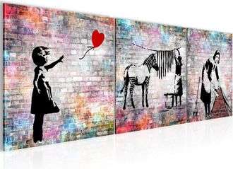 Runa Art Bilder Banksy Street Art 120 x 40 cm 3 Teilig Wandbild auf Vlies Leinwand Bunt Mehrteilig Modern 029233b
