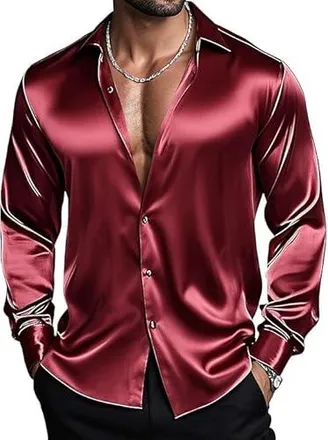 Barry.Wang Chemise à manches longues pour homme - Extensible - Solide - Boutonnée - En satin - Formelle - Décontractée - Affaires - Mariage, Bordeaux satiné, 3XL