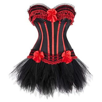 Grebrafan Corset Bustier Rayé avec Jupe en Tulle Tutu Burlesque (EUR(30-32) XS, Rouge)