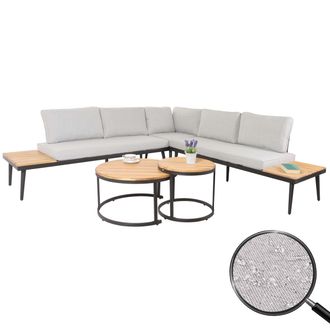 Mendler Garten-Garnitur HWC-H54c, Lounge-Set, Beistelltisch Spun Poly Akazie Holz Stahl - Hellbraun, Kissen hellgrau