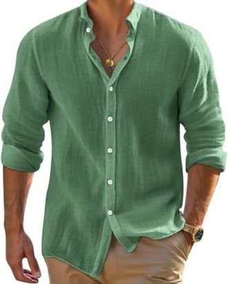 Onsoyours Chemise Lin Homme Manches Longues Chemise Décontractée Coton Business Chemises Hommes Couleur Unie Casual Bouton Shirts Regular Fit A Vert XXL