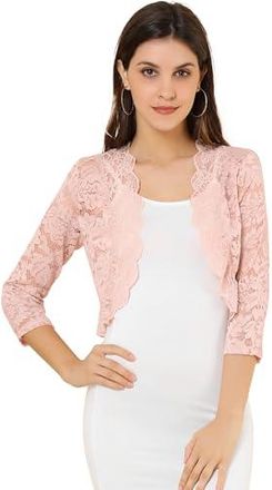 Allegra K Bol&eacute;ro Femme &Eacute;l&eacute;gant en Dentelle Floral &agrave; 3/4 Manches Cardigan Transparent &agrave; Haussement d&Eacute;paule Bol&eacute;ro pour Mariage et F&ecirc;te Gilet Court L&eacute;ger Devant O