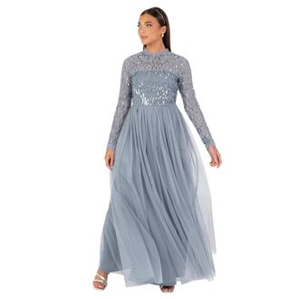 Maya Damen Womens Maxi Ladies Modest High Neck Long Sleeve Tulle Sequin Embellished A-line Wedding Guest Bridesmaid Prom Dress, Dusty Blue, 48 EU